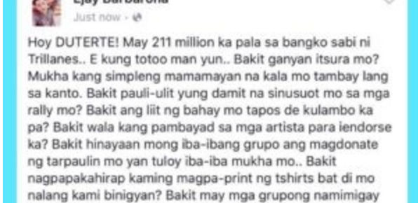 Letter To Duterte: "Hoy DUTERTE! May 211 million ka pala.."